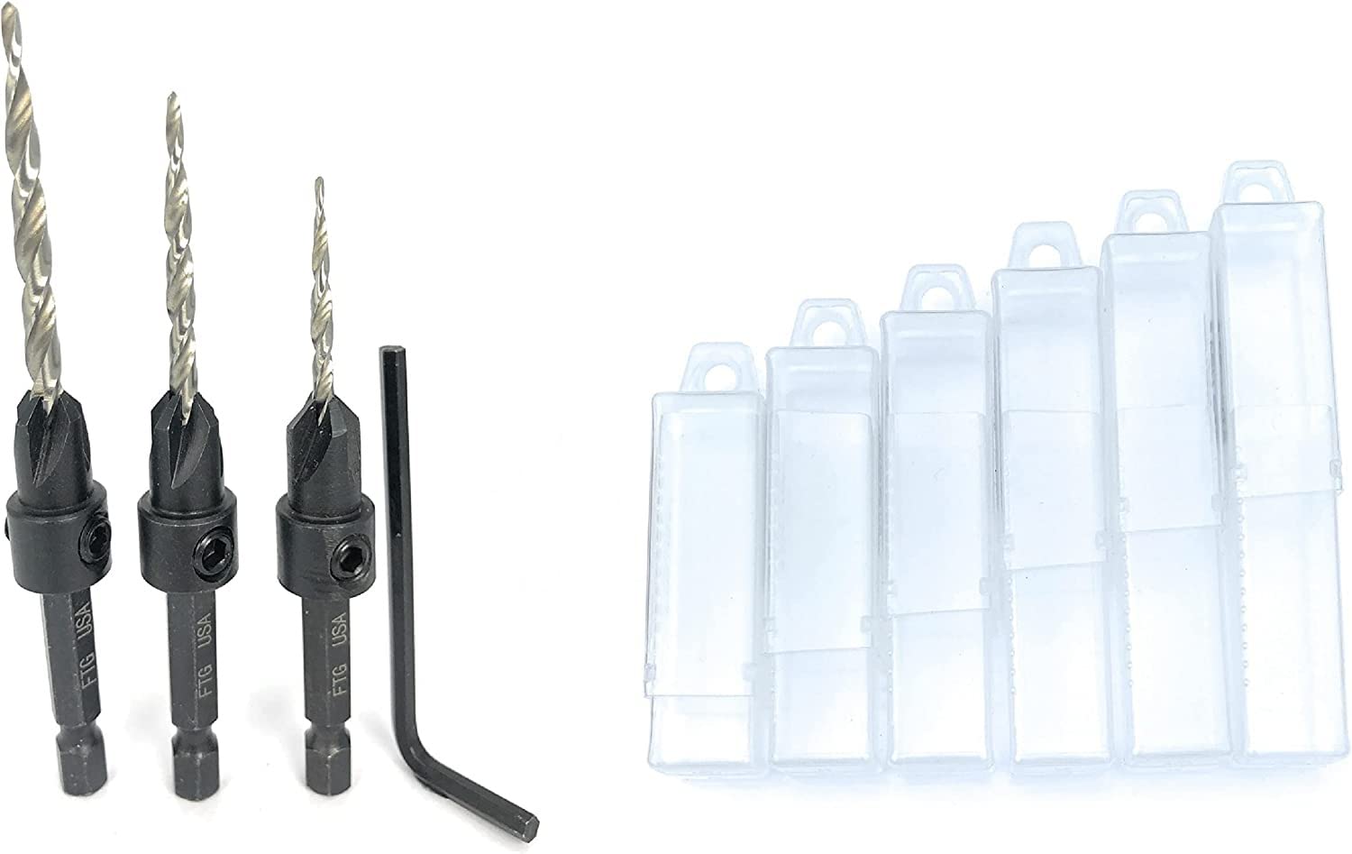 FTG USA Wood Countersink Drill Bit Set #6#8#10 Set Countersink HSS M2 Tapered Drill Bits, Quick Change 1/4 inch Hex Shank Countersink Bit, 1 Allen Wrench, and 6 Storage Containers for Countersinks