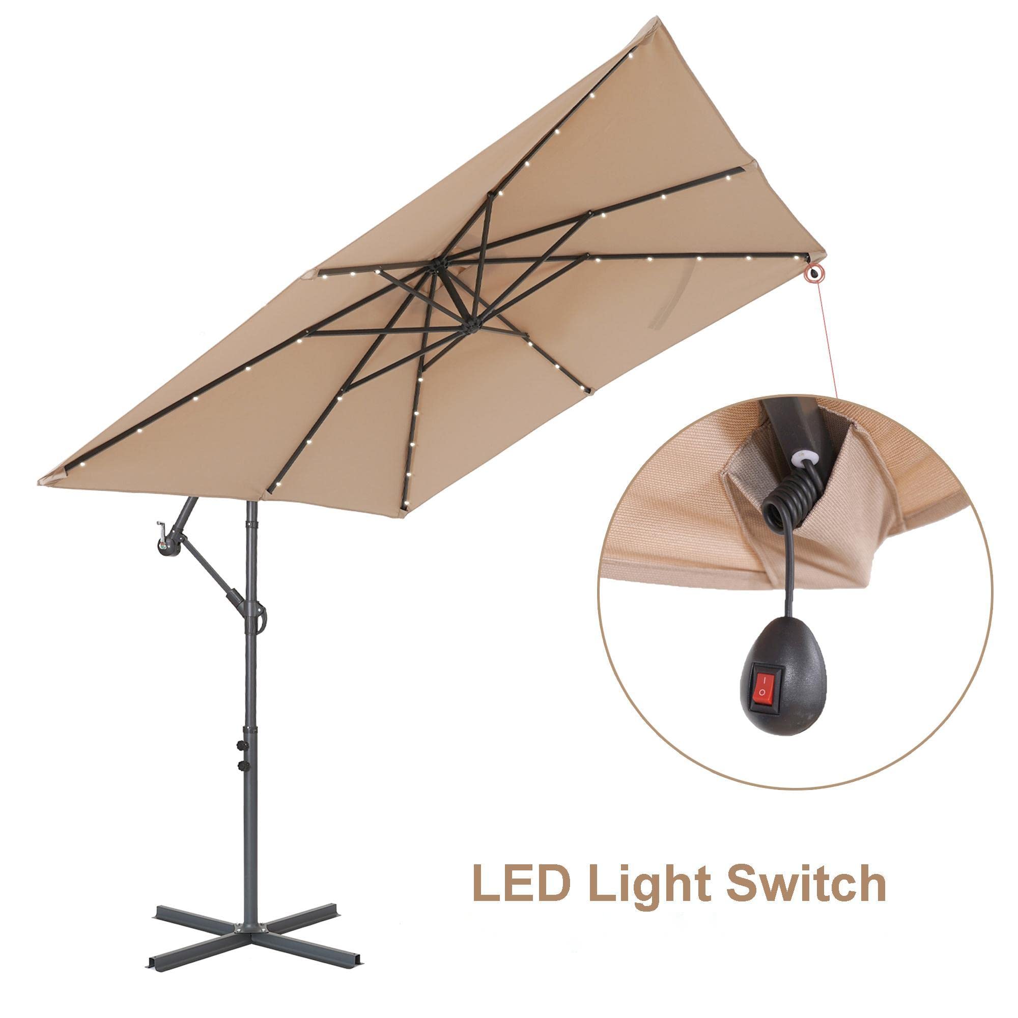 CASAINC 8.3FT Solar LED Patio Umbrella Offset Hanging Outdoor Umbrella for Market Lawn Graden Backyard Balcony, Crank/Tilt, Multi Angle Adjustment (without Umbrella Base)-Beige