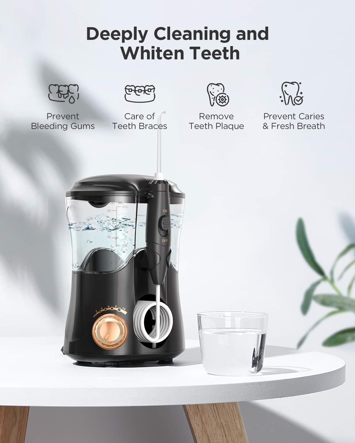 Water Flossers, 600ML Dental Water Teeth Cleaner with 8 Jet Tips for Family, 10 Adjustable Pressure, Electric Dental Pick Flosser for Teeth or Braces, Black