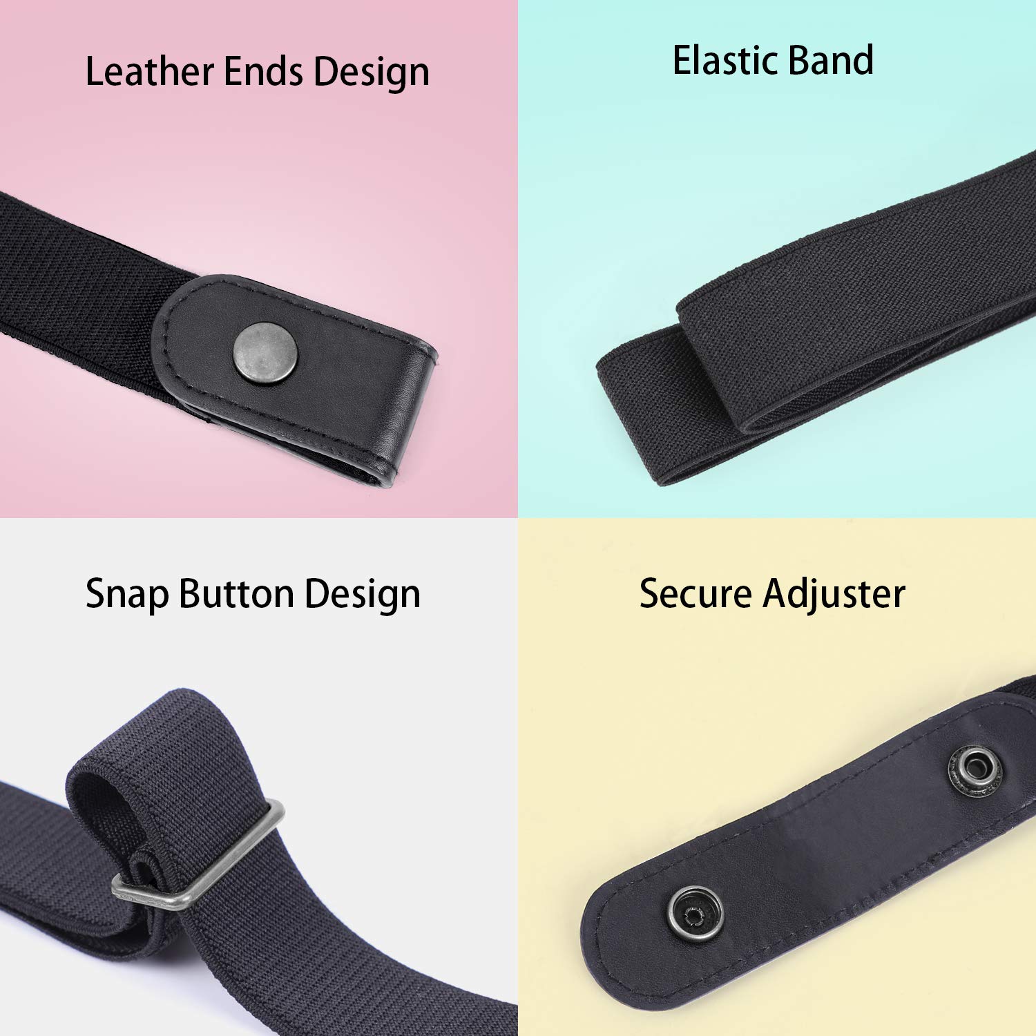WHIPPY 4 Pieces No Buckle Stretch Women Belt for Jeans Pants, Buckle Free Comfortable Invisible Elastic Belts (Black Khaki Blue Brown, Fit Pants Size 32-48 Inches)