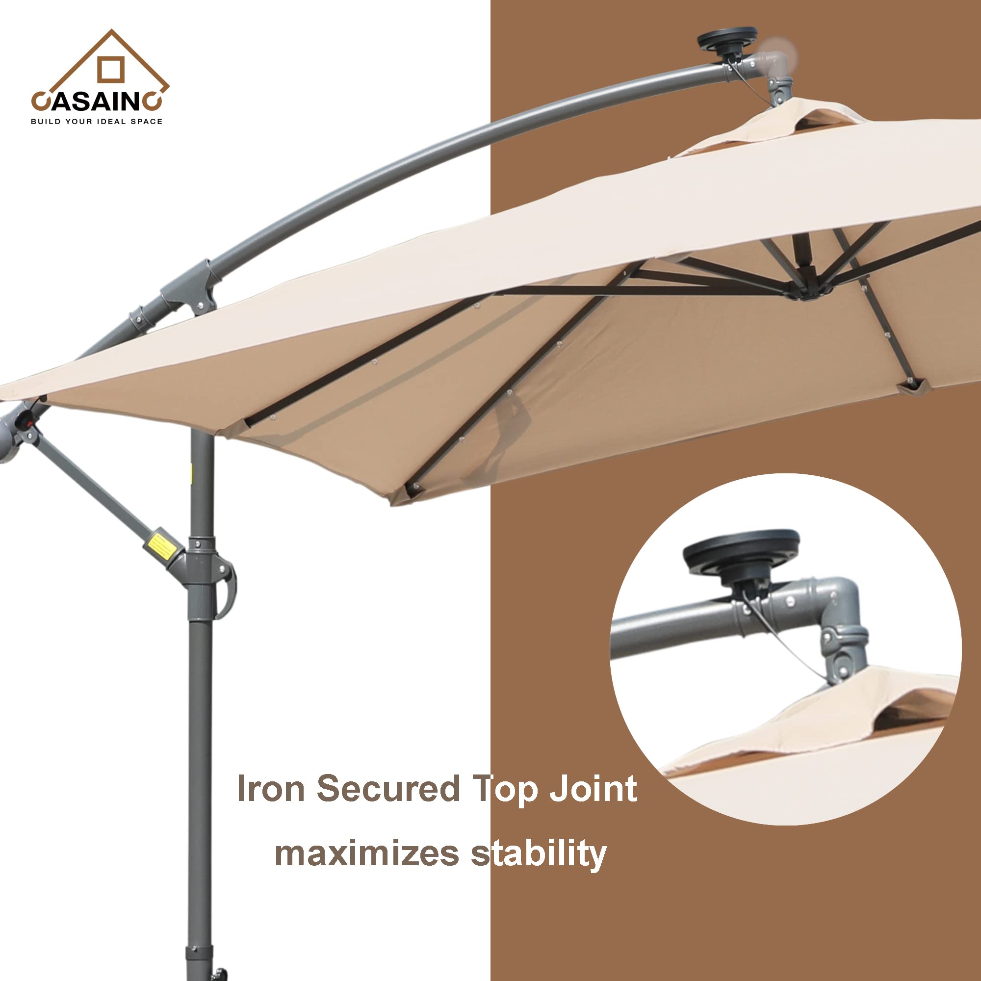 CASAINC 8.3FT Solar LED Patio Umbrella Offset Hanging Outdoor Umbrella with Base for Market Lawn Graden Backyard Balcony, Crank/Tilt, Multi Angle Adjustment-Beige