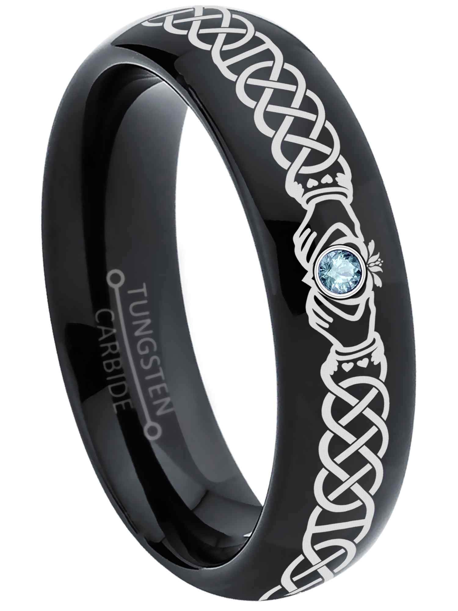 Celtic Claddagh Ring with 0.03 carat Aquamarine Gemstone Tungsten Carbide Ring - 6mm Polished Black Dome Comfort Fit Tungsten Anniversary Ring - March Birtstone Ring