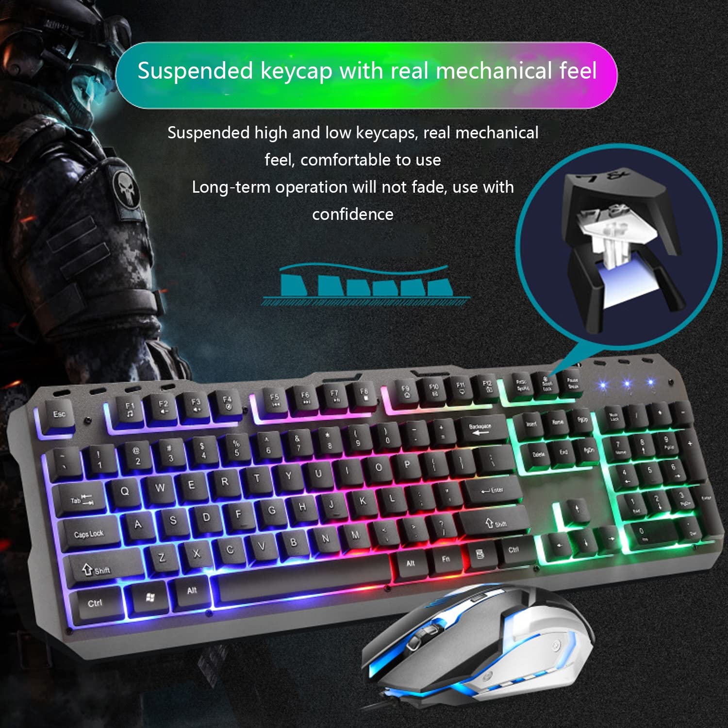 EXHNLE Light Up Keyboard and Mouse Combo, Full Size LED Rainbow Backlit Gaming Keyboard, USB Wired Backlit Keyboard, for Laptop PC Computer Game and Work