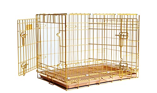 HOMEY PET Gold Color Folding Design Dog Crate Puppy Kennel with Removable Floor Grid and Pull Out Tray