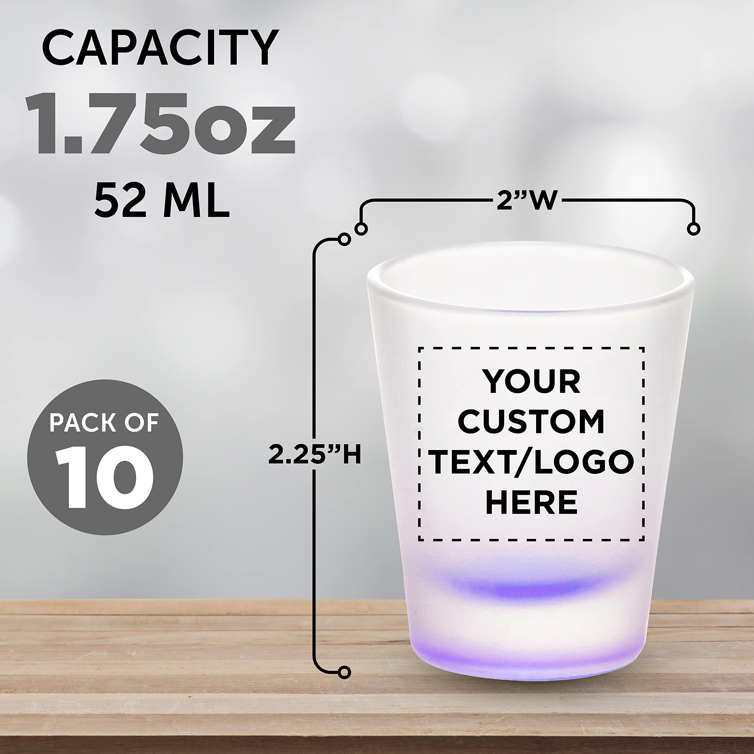 Custom Frosted Glass Shot Glasses 1.75 oz. Set of 10, Personalized Bulk Pack - Great for Weddings, Birthdays, Parties, Indoor & Outdoor Events - Blue