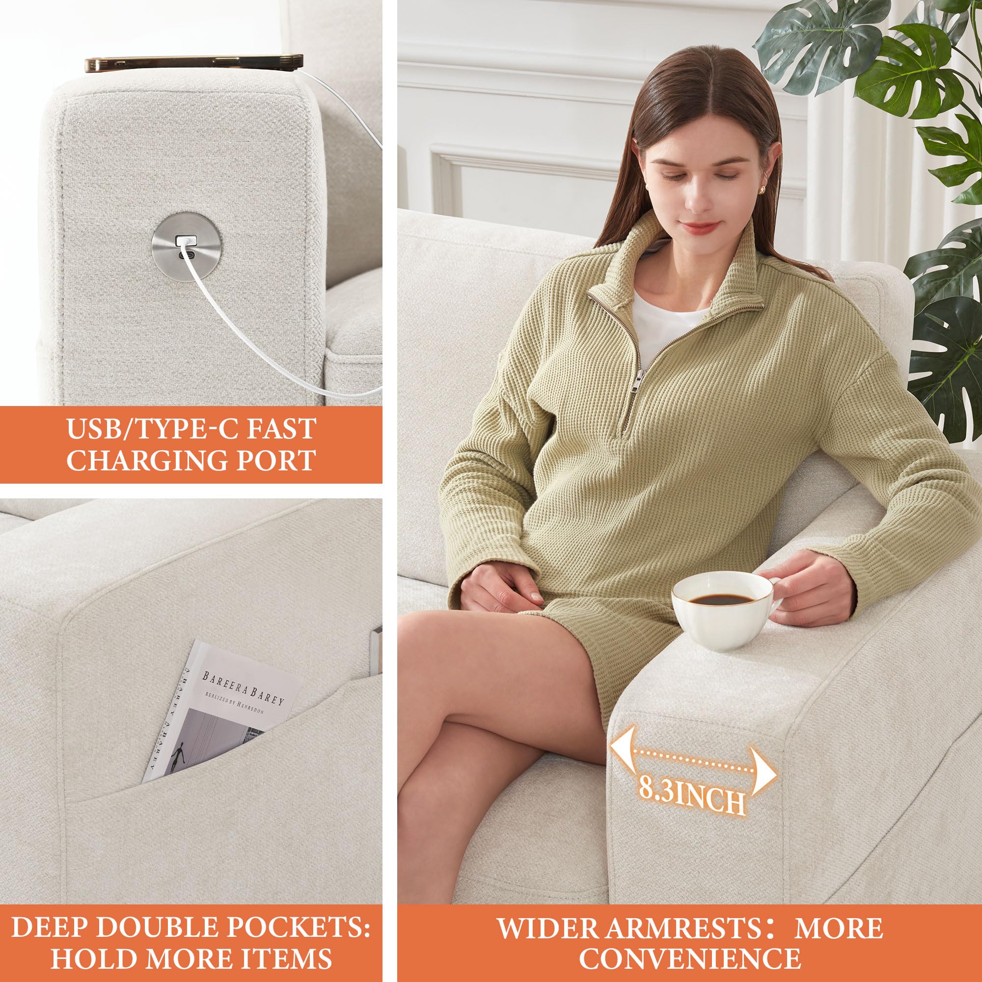 Ihanherry 90.5" Modern Sofa 3-Seats Couch for Living Room, Chenille Pillow-Armrest with Extra Large Seat Width, USB/Type-C Charging Port & Side Pocket, Removable Medium Firm Cushion(Grey)