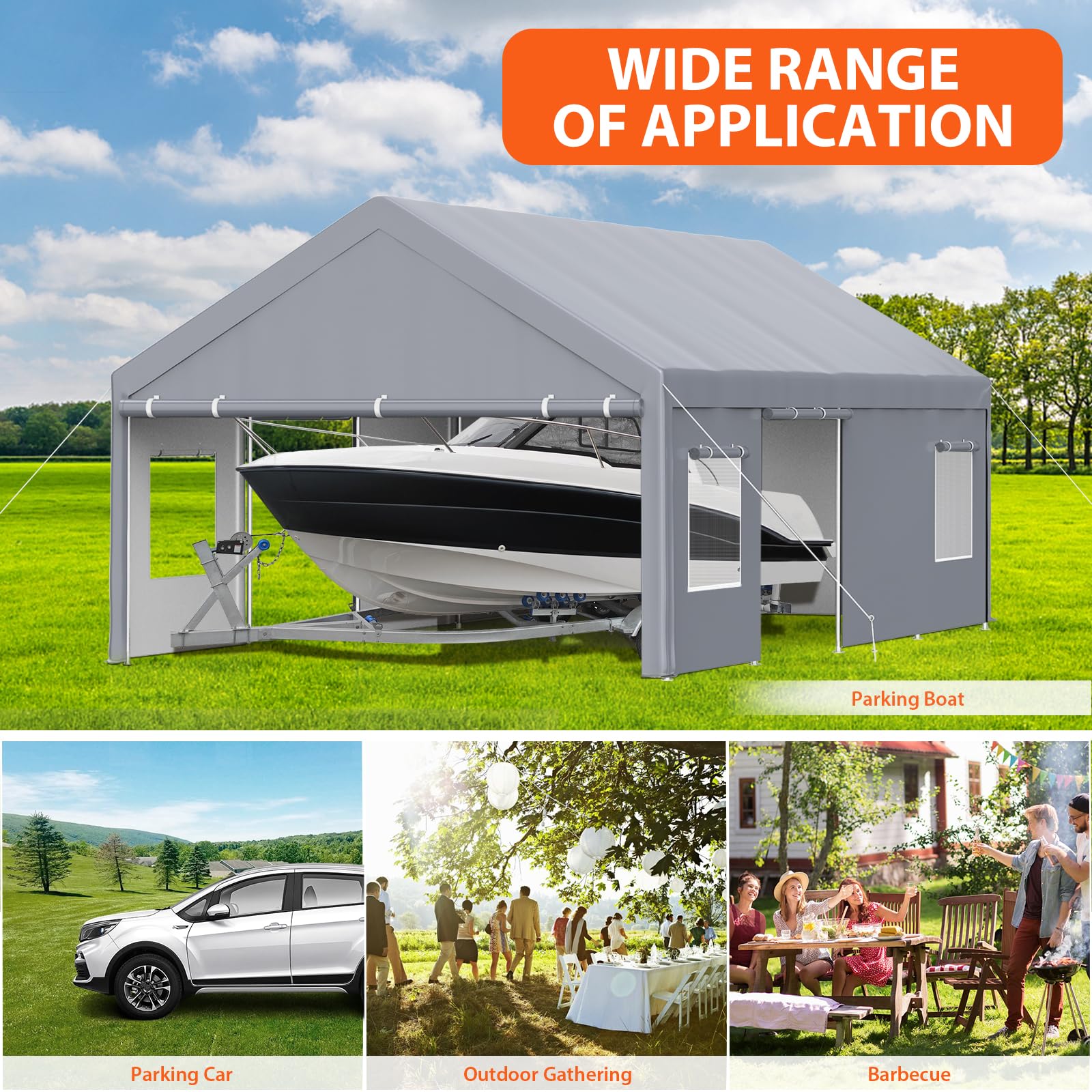 GarveeTech Carport,Iron Pipe + Pe Carport, 13x25FT All-Inclusive with 4 Doors &4Windows, Portable Garage with Removable Sidewalls & Doors, All-Season Tarp,Completely Waterproof and Sunproof,Grey