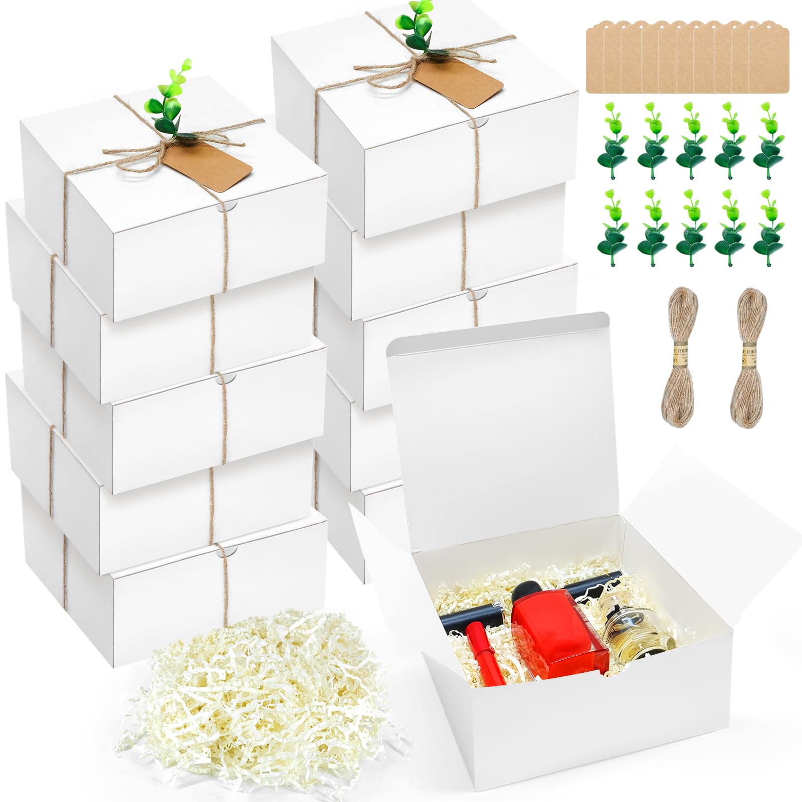 Gift Boxes Set 10 Bridesmaid Proposal Boxes 8 x 8 x 4 In Bridesmaid Proposal Gifts, 10 Kraft Paper Gift Tag, 10 Plastic Eucalyptus Leaves Stems and 200g Cut Paper Shred Filler