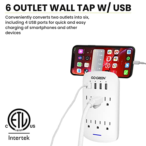GoGreen Power (GG-16000USB4) 6 Outlet 2.4 AMP USB Wall Tap Adapter with USB Ports and Surge Protection, 735 Joules Surge Rating, White
