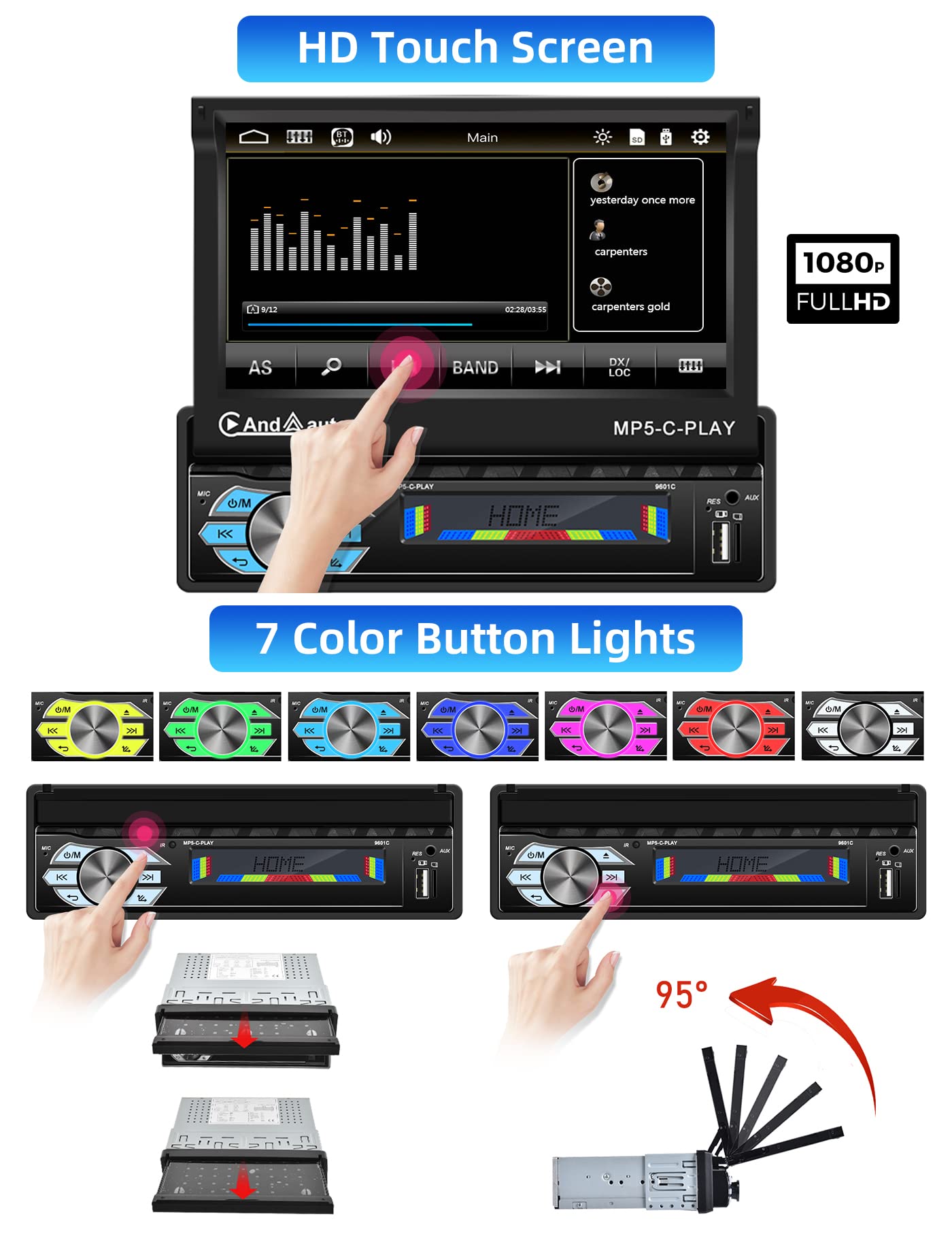 Carplay Single Din Car Stereo Audio with Android Auto Backup Camera Bluetooth, 7 Inch Touchscreen Supports FM Radio, Mirror Link, USB/TF/AUX-in Car Play Radio with Remote, External Mic