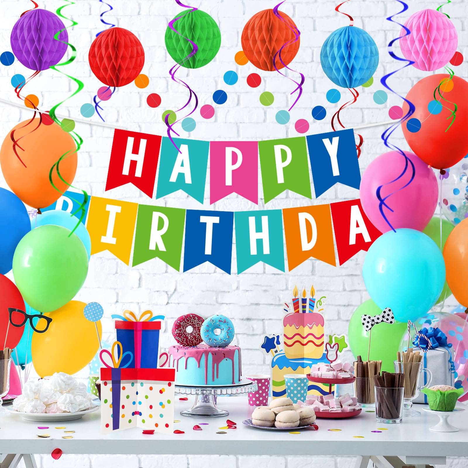 Happy Birthday Decorations Kit: Happy Birthday Banner,Birthday Dots Design Plastic Backdrop, Circle Confetti Garland, Swirl Streamers, Honeycomb Balls & Party Balloons - Table Centerpiece Set