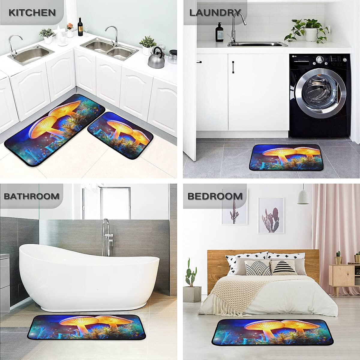 Emelivor Fantasy Glowing Mushrooms Kitchen Rugs and Mats Set 2 Piece Non Slip Washable Runner Rug Set of 2 for Kitchen Floor Home Decorative Laundry