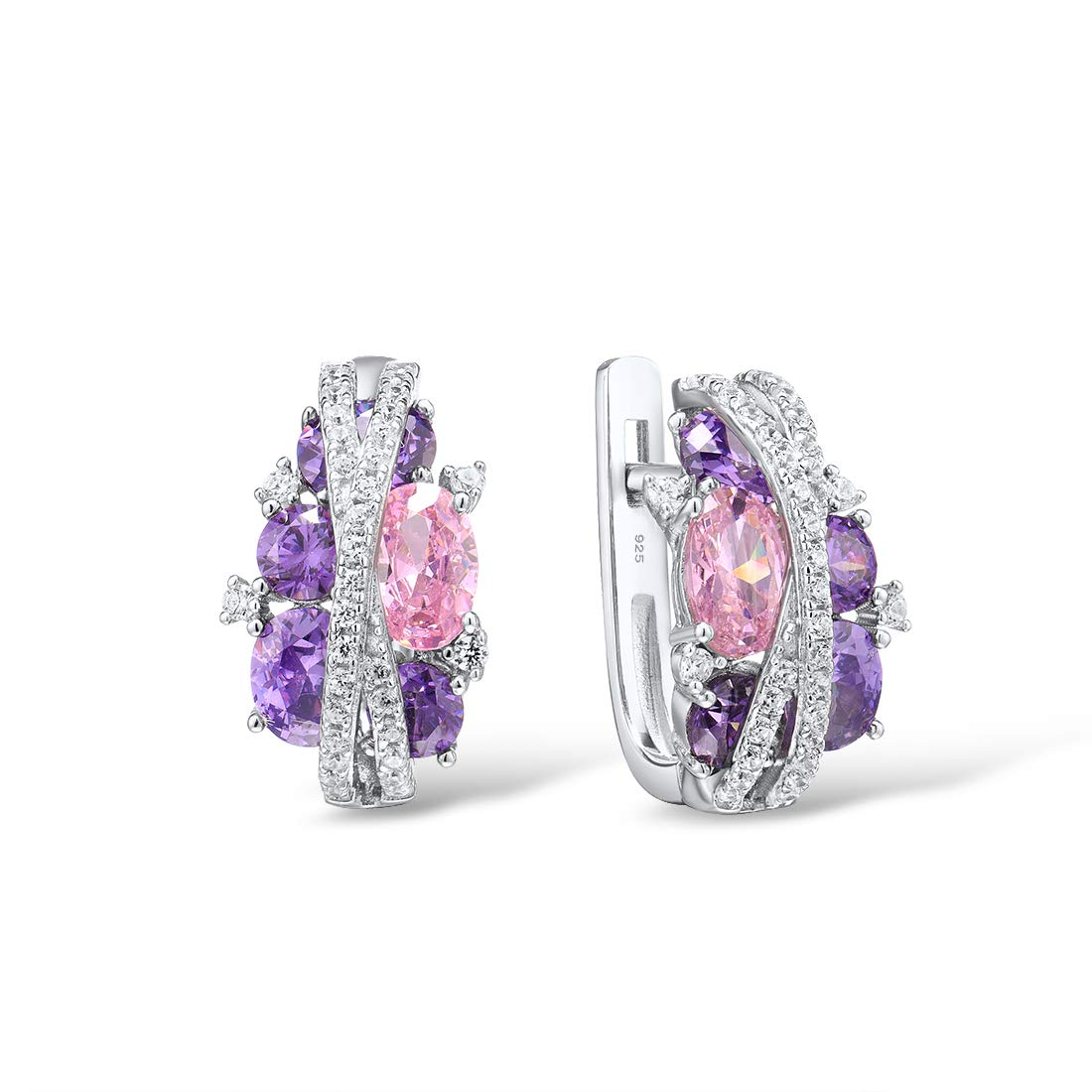 Santuzza 925 Sterling Silver Twist Dangle Earrings Amethyst Pink Cubic Zirconia Drop Earrings for Women