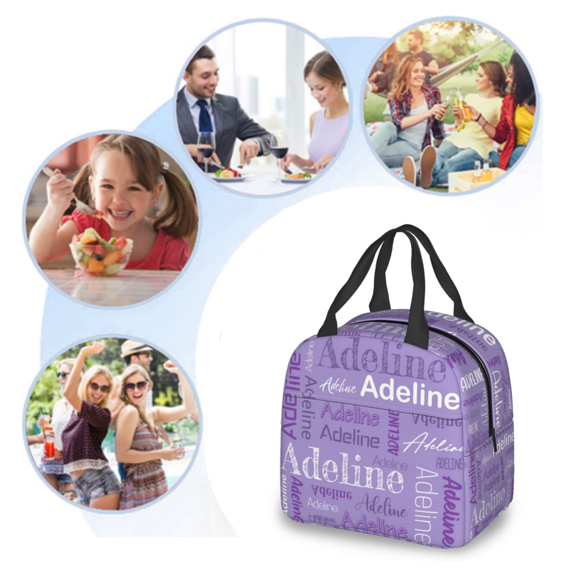 Custom Name Lunch Bag Personalized Insulated Lunch Box Customized Cooler Lunch Tote Bag for Boys Girls Office Picnic Camping LightPurple