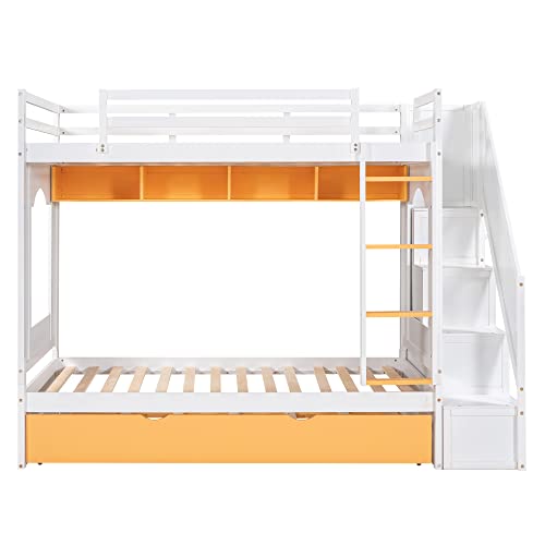 HomSof Twin Over Twin Bunk Bed with Trundle,Stairs,Ladders Solid Wood Bunk Bed with Storage Cabinet (White + Yellow)