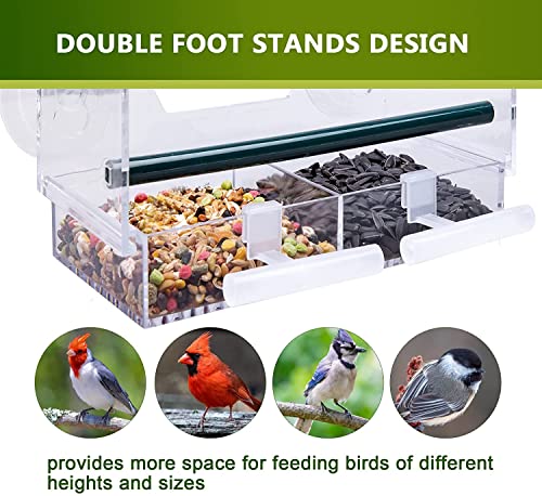 Fubullish Window Bird Feeder, Large Bird House Feeders for Outside with 4 Strong Suction Cups & 2 Extra Bird Stands, Removable Tray and Drain Holes, Birdhouse Shape, Clear Acrylic for Bird Watching