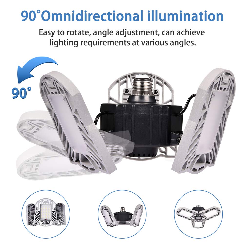 CKEGUO LED Garage Lights, 60W Garage Lighting Deformable Garage Ceiling Light Fixture 6000Lm 6500K Shop Light with 3 Adjustable Panels for Workshop Basement for Garage, Working Light, Stadium