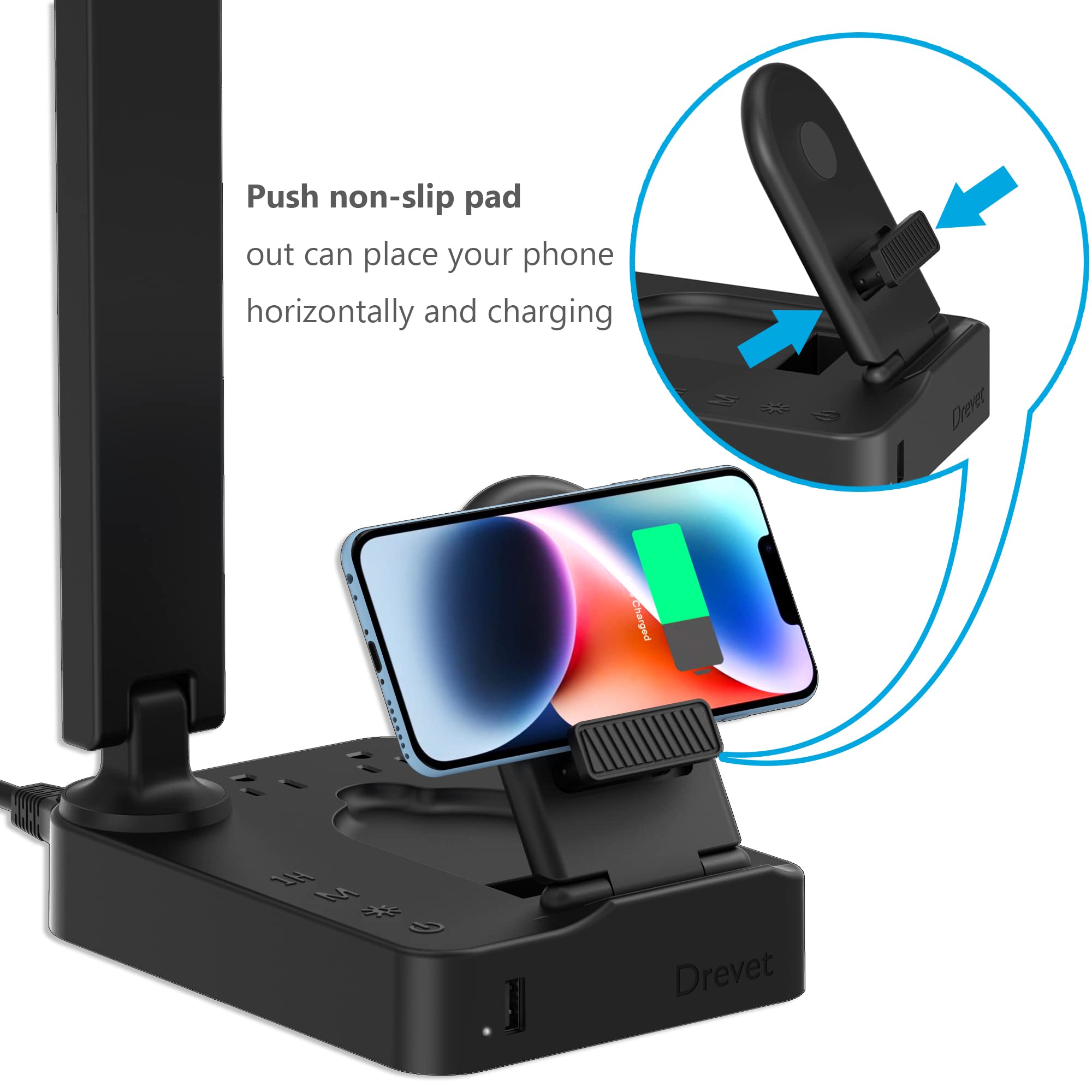 Drevet LED Desk Lamp with Wireless Charger, Desk Table Light with USB Charging Port and 2 Outlets, 3 Lighting Modes, 3 Level Brightness, 1H Timer, Touch Control, Eye-Caring Home Office Foldable Lamp