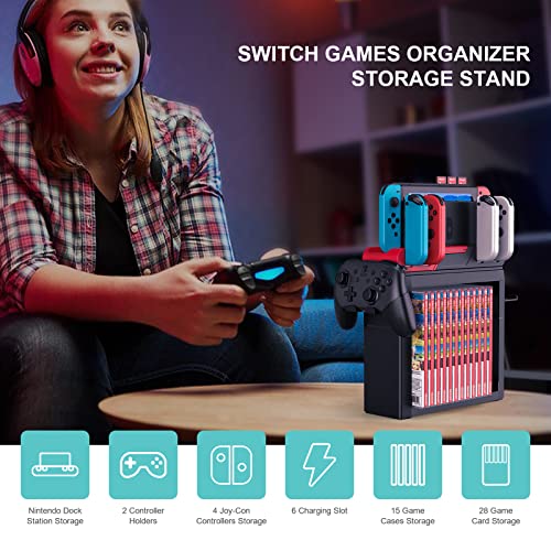 Switch Games Storage Organizer Station with Controller Charging Stand, Charging Dock Compatible with Nintendo Switch, Multifunctional Accessories Kit Storage for Joy-con, Pro Controller, Game Card