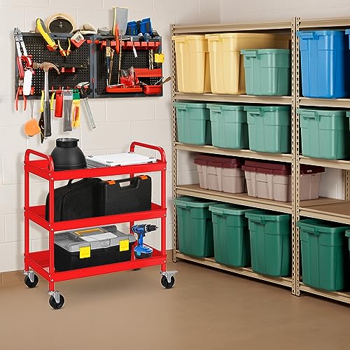 IRONMAX 3-Tier Rolling Tool Cart, 396LBS Heavy Duty Metal Utility Cart w/Lockable Universal Wheels, Storage Organizer Steel Service Cart for Garage, Office, Kitchen, Workshop, Repair Shop (Red)