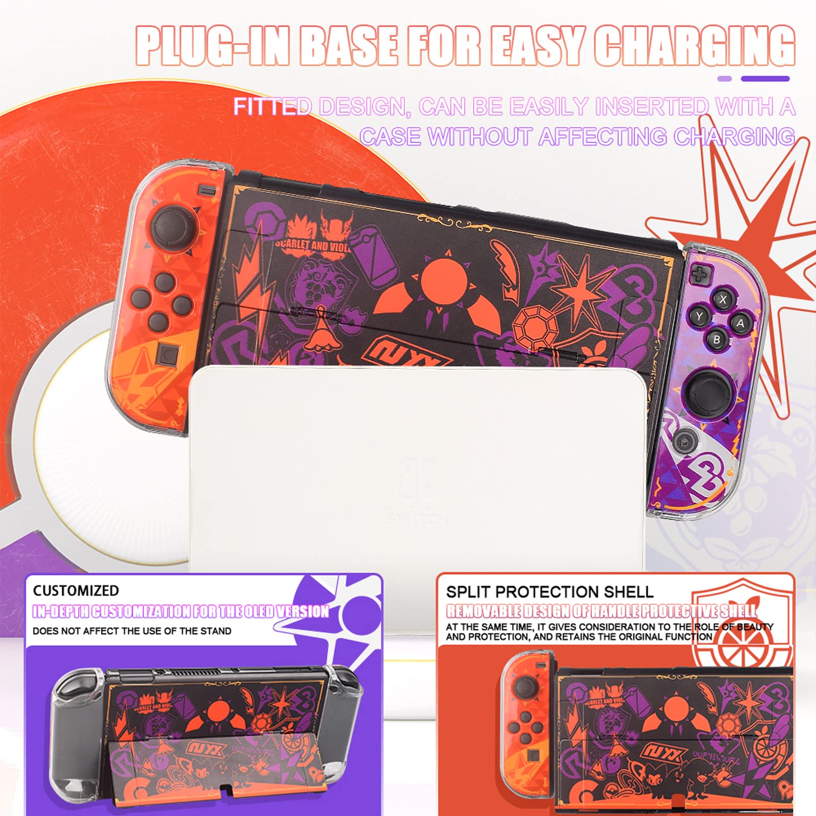 Carrying Case Compatible with Nintendo Switch Oled(Scarlet & Violet ),Switch Oled Case Cover with Screen Protector,Playstand,Thumb Grip Caps for Nintendo Switch Oled.