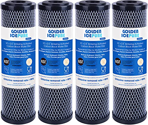 GOLDEN ICEPURE 1 Micron 2.5" x 10" Whole House CTO Carbon Sediment Water Filter Compatible with Dupont WFPFC8002, WFPFC9001, FXWTC, Culligan P5-D, WHCF-WHWC, D-10A, DWC30001, SCWH-5, 4PACK