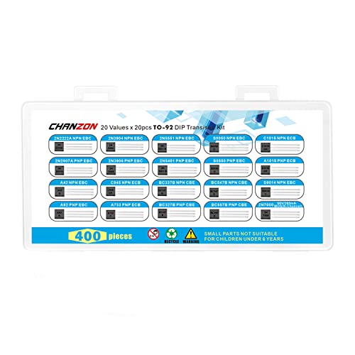 Chanzon 20 Values 400pcs Transistor Kit TO-92 Including (2N2222A 2N2907A 2N3904 2N3906 2N5551 2N5401 S8050 S8550 A1015 C1815 A42 A92 A733 C945 S9014 BC327B BC337B BC547B BC557B 2N7000) Each 20pcs