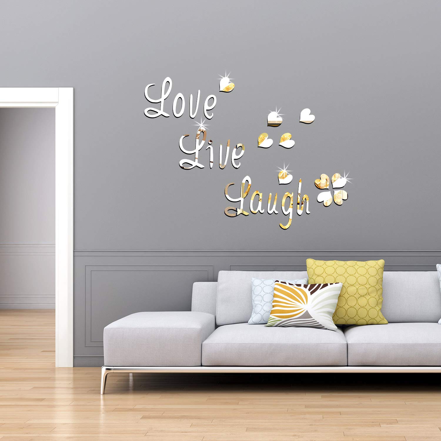 Love Live Laugh Wall Stickers Decals Silver Heart Mirror Wall Decor for Bedroom Living Room DIY Decoration