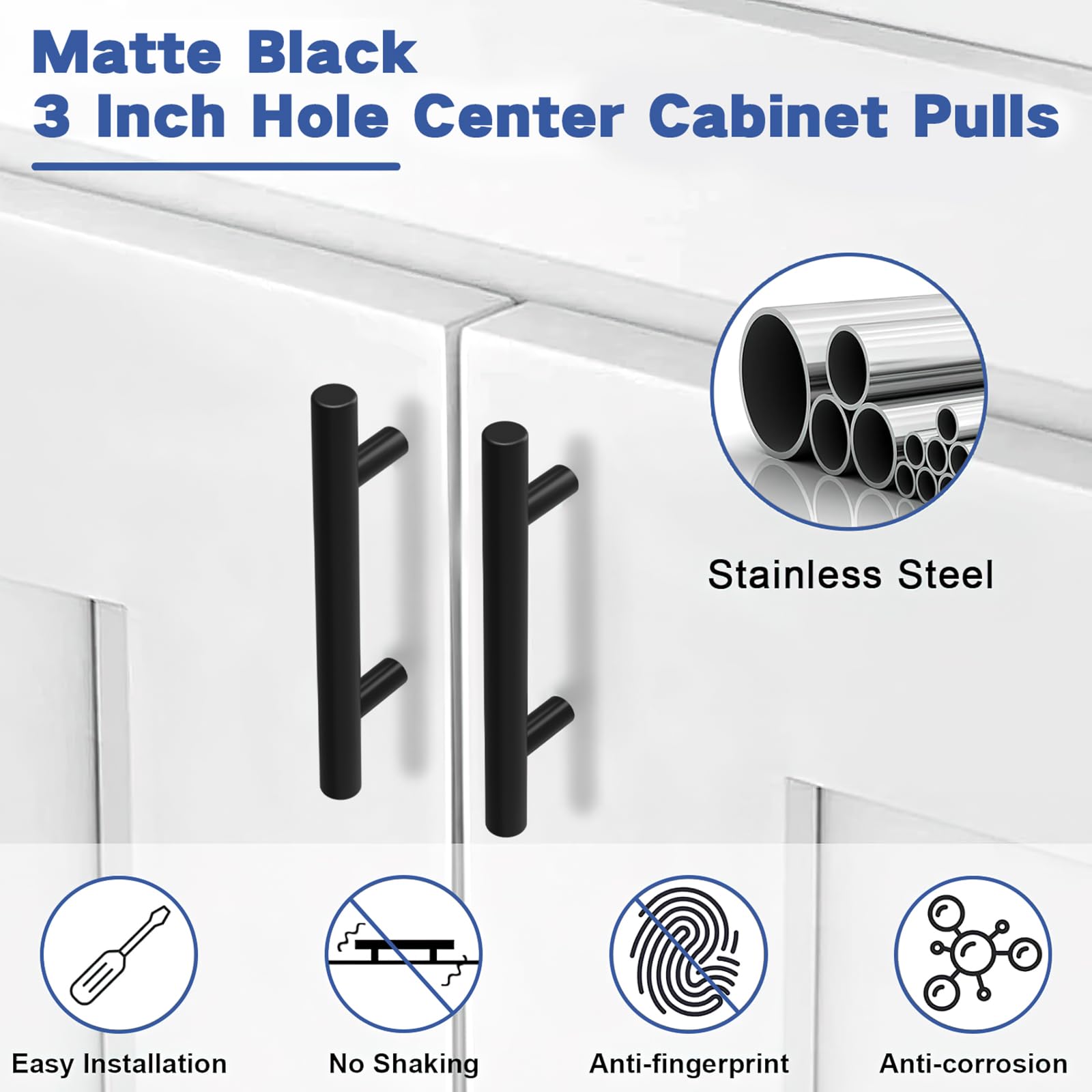 Estmoon 30 Pack 3 Inch Cabinet Handles Matte Black Cabinet Pulls Stainless Steel Black Kitchen Handles for Cabinets and Drawers, 76mm Hole Centers