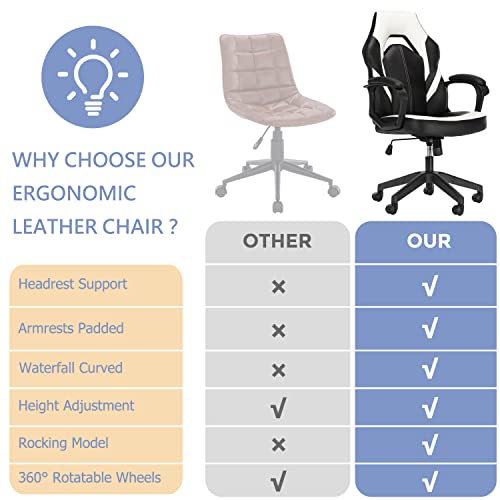 Office Chair, Ergonomic High Back Computer Chair Height Adjustable Desk Chair Faux PU Leather Chair with Armrest Padded and Lumbar Support, White