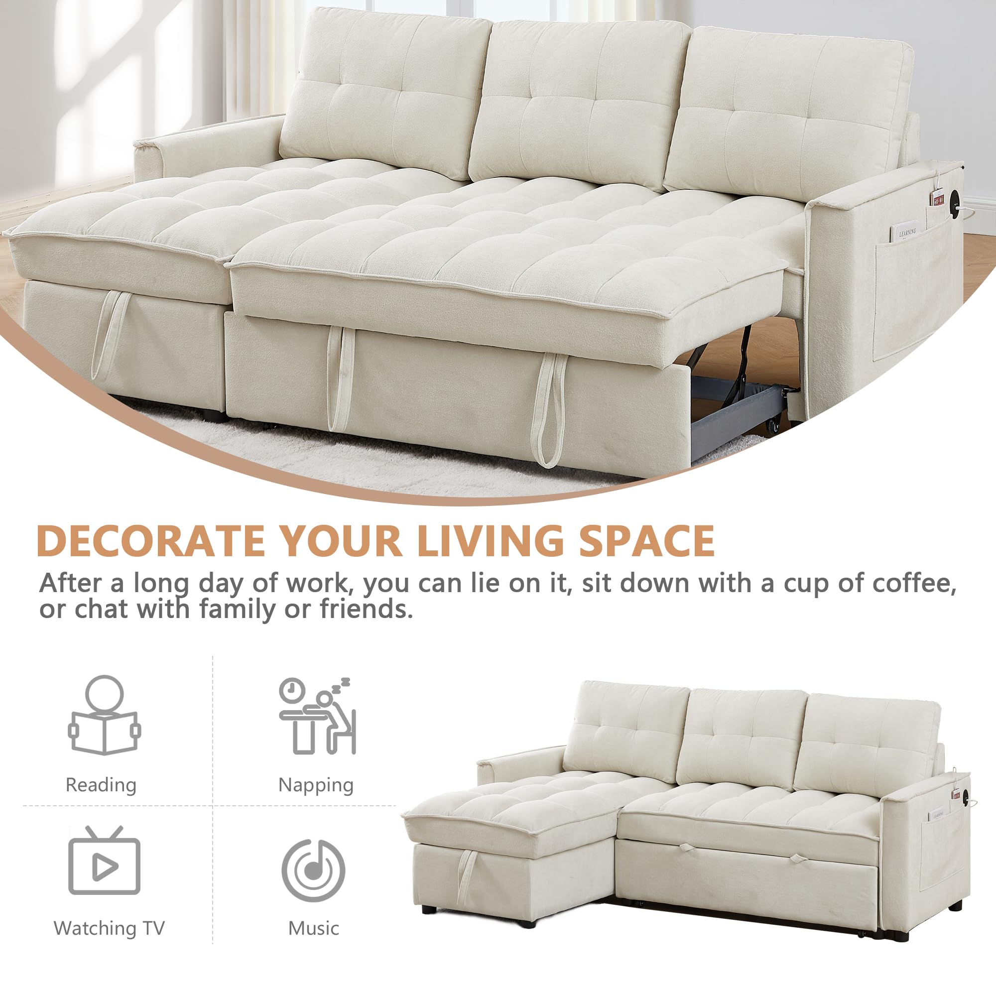 HUMEHA Linen Reversible Sleeper Sectional Sofa, L-Shaped Sofa Bed Pull Out Sleeper 3-Seater Couch with Storage Chaise, Convertible Sectional Sofa Couch for Living Room Apartment, Beige