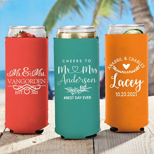 Customized Slim 12oz Wedding Can Coolers, Personalized Wedding Favors, bachelorette party favors Monogram Can Holders (Custom β Assorted, 100 Slim Can Cooler)