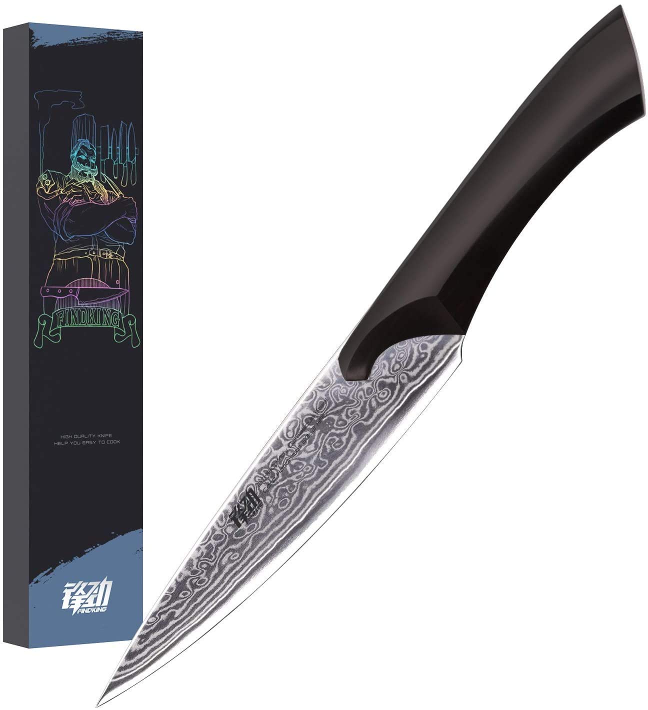 FINDKING 5 Inch Kitchen Utility Knife, Damascus Steel Paring Knife, Sharp Small Fruit Knife for Home Kitchen (Cheetah Series, w/Ebony Wood Handle)