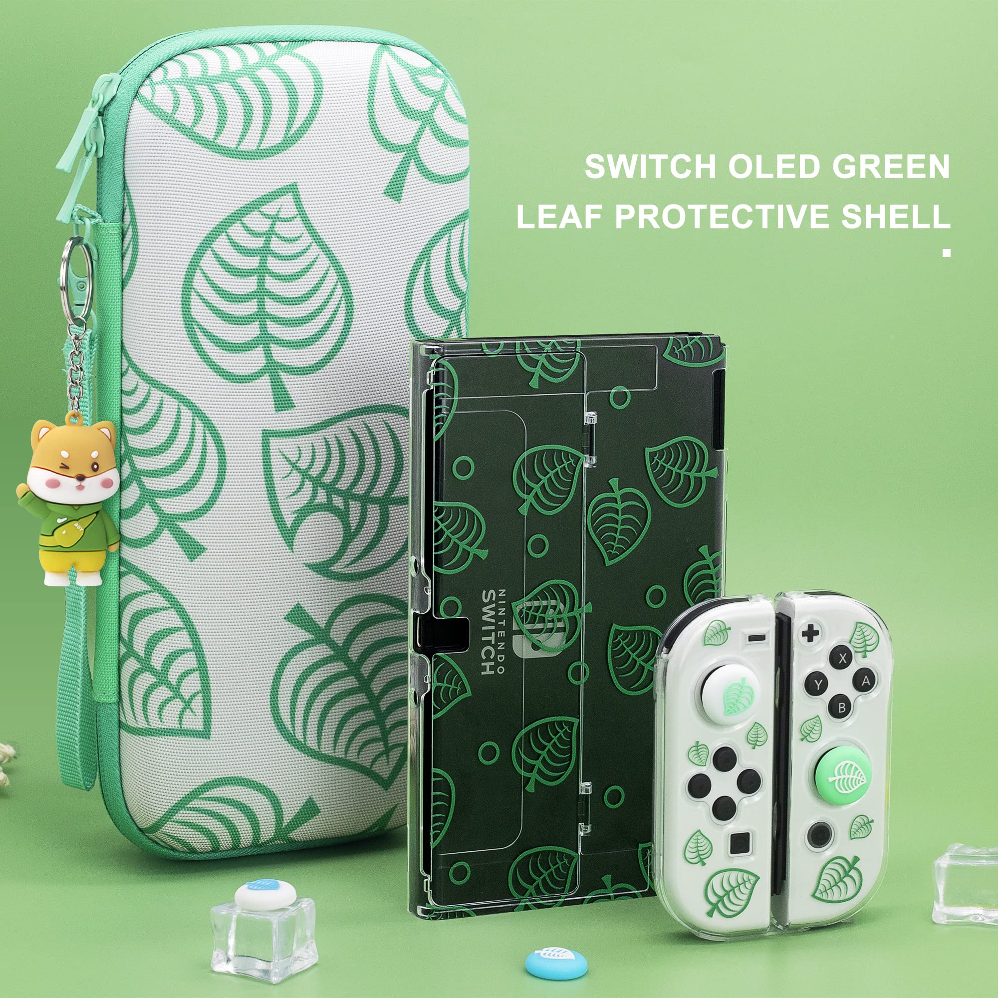 Carrying Case Kit for Switch OLED Accessories Bundle Leaf Potable Carry Storage Bag for Animal Crossing with Cute Pendant / Dockable Clear Cover / Screen Protector Protective Thumb Grip Caps