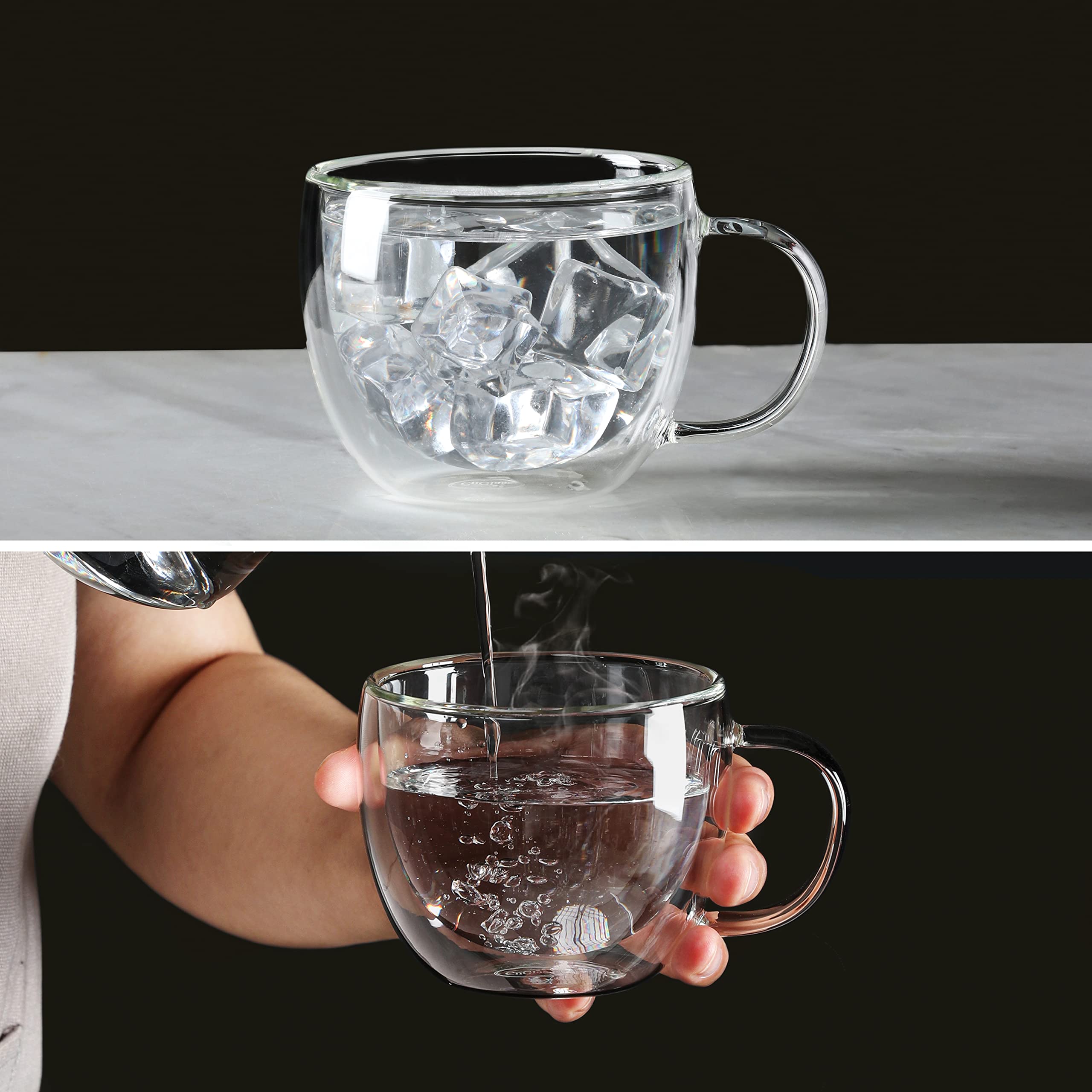 CNGLASS Double Wall Glass Cappuccino Mugs 8.1oz,Clear Insulated Glass Coffee Mug with Handle for Espresso,Latte,Tea,Set of 2