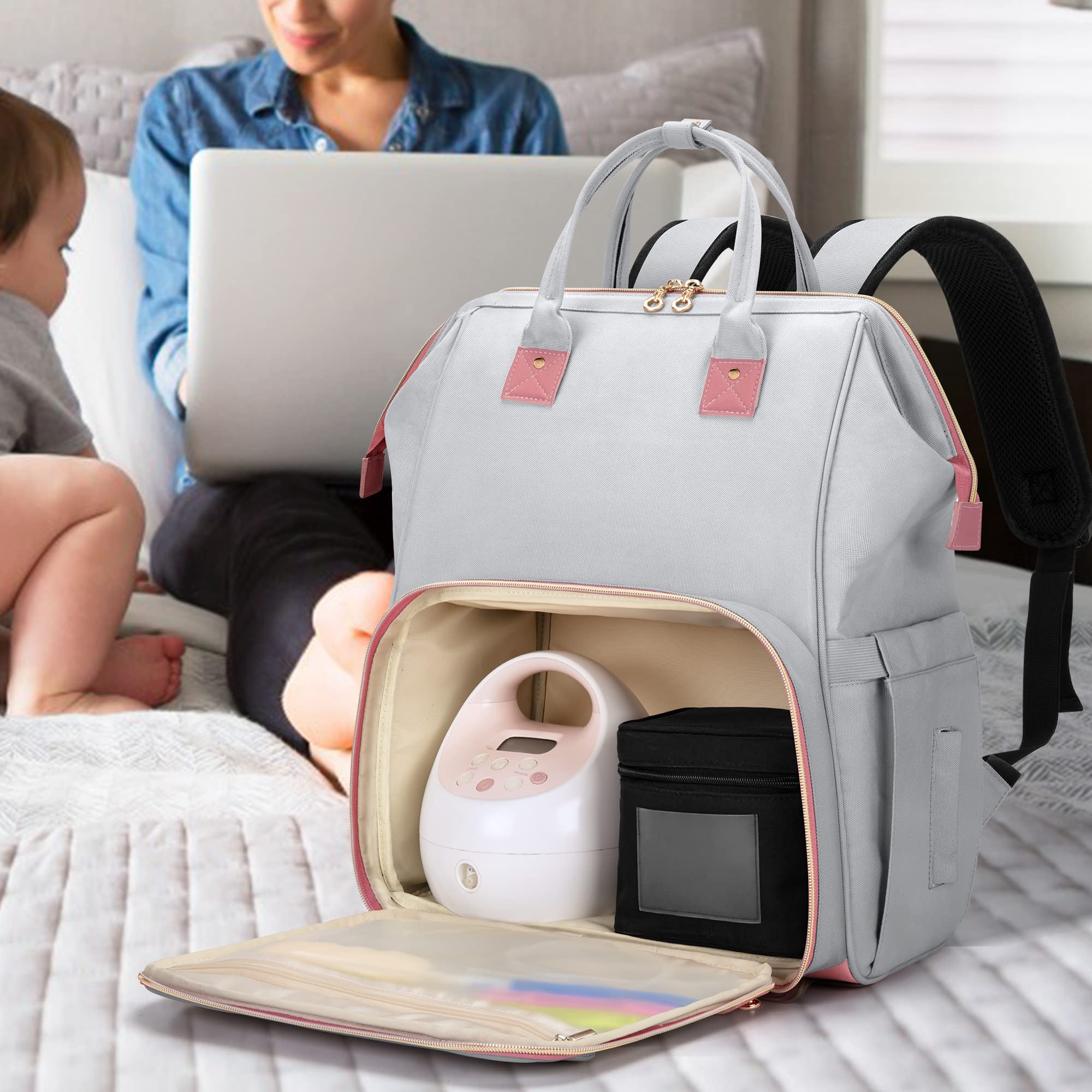 Fasrom Breast Pump Bag Backpack with Inner Divider, Pumping Tote Bag with Laptop Compartment for Working Moms, Gray with Pink (Empty Bag Only)
