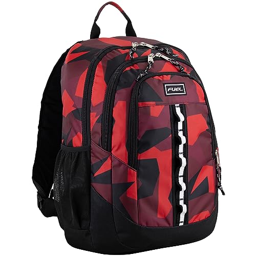 FUEL Large Multipocket Unisex Backpack with Water Resistant Bottom for Class, Travel, and Outdoors - Red Camouflage