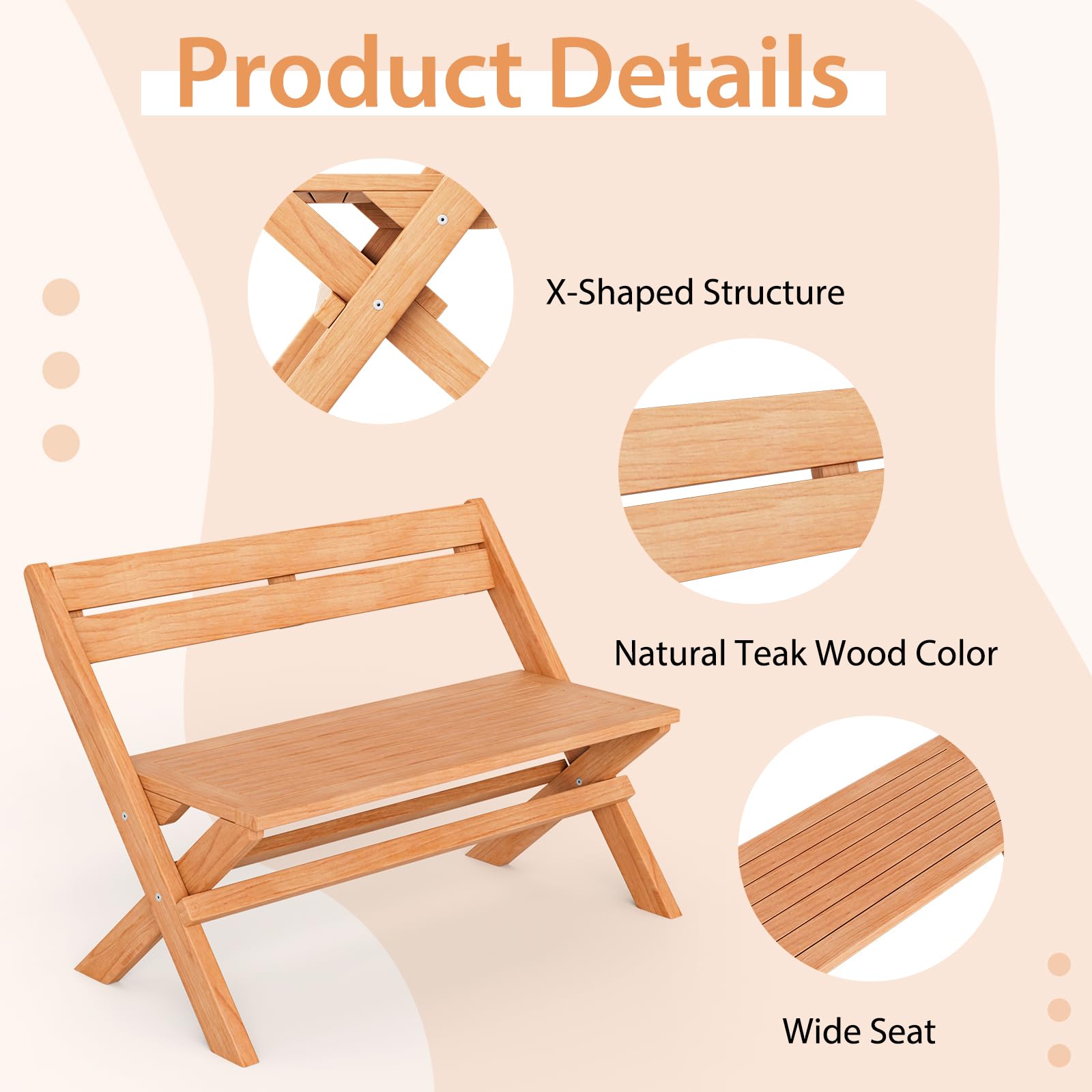 Giantex Wood Outdoor Bench Folding - 2-Person Patio Garden Bench with Solid Teak Wood Structure, Natural Appearance, Foldable Park Bench for Patio, Porch, Backyard, Poolside, Outside Bench Seat