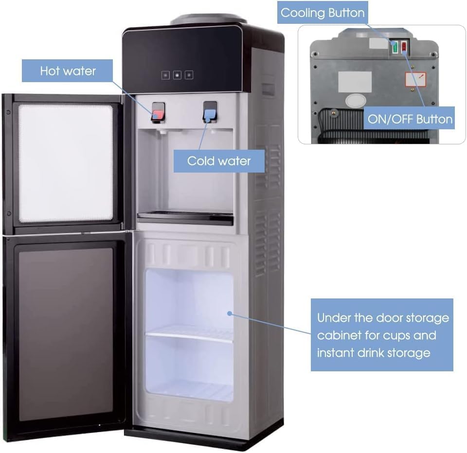 Top Loading Water Cooler Dispenser - 5 Gallon Hot & Cold Water, Child Safety Locker - 3 Temperature with Hot, Room & Cold Spouts, Suitable for Home Office