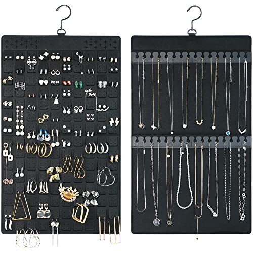 KMEOSCH Jewelry Holder Organizer, Hanging Jewelry Organizer Dual-Sided Earring Organizer Display for 300 Pairs of Earrings and Necklace Holder for 30 Necklaces-Black Jewelry Storage Organizer