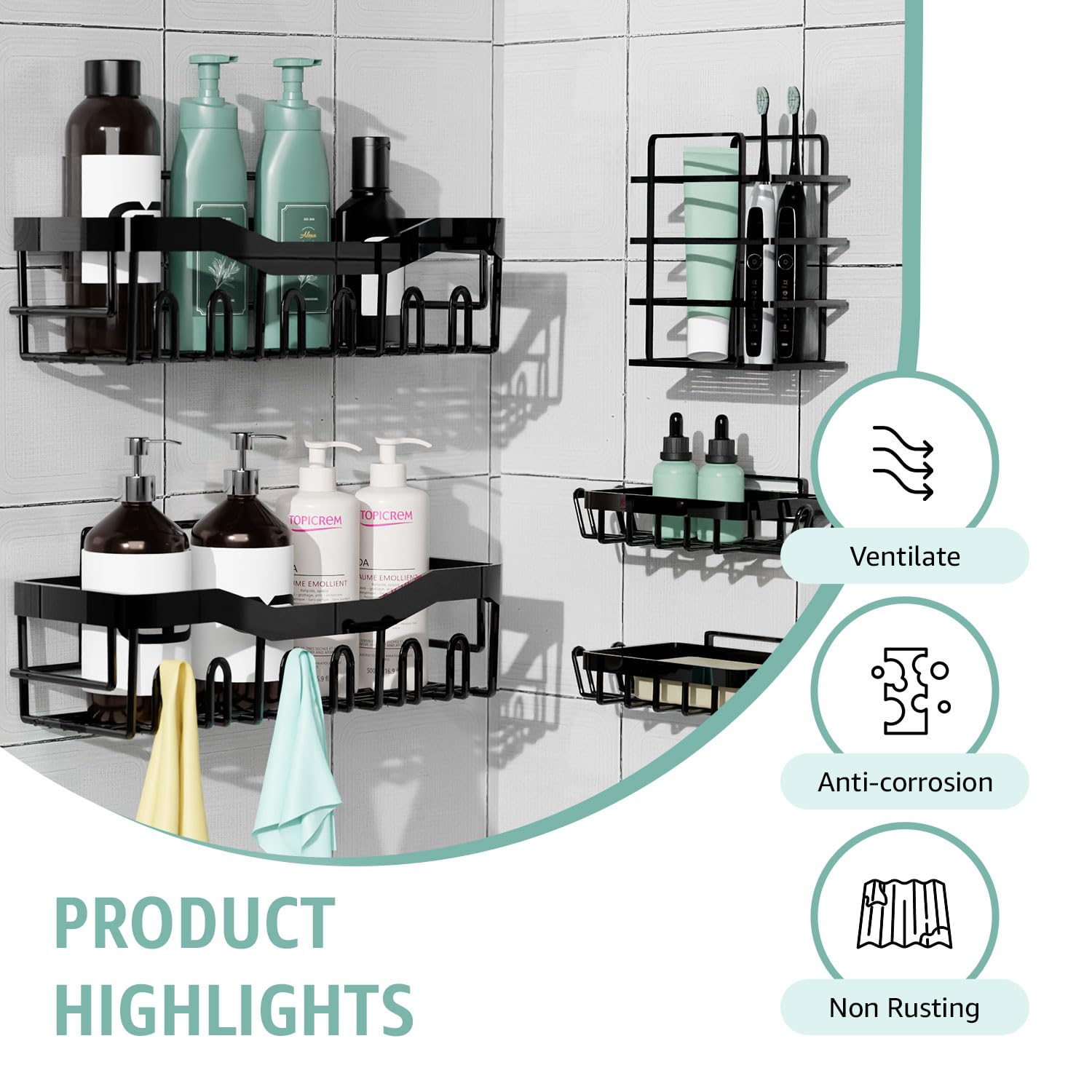 GD Adhesive Shower Caddy Bathroom Shower Organizer Storage 5 Pack Set, Adhesive Shower Organizer for Bathroom & Storage, Stainless Steel, Rustproof Stainless Steel Bathroom Organizer, No Drilling