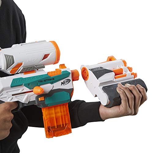 Nerf Modulus Tri-Strike Blaster, Mega Barrel, Rocket Launcher, Clip, 10 Elite Darts, 4 Mega Darts, 1 Rocket, Kids Outdoor Games (Amazon Exclusive)