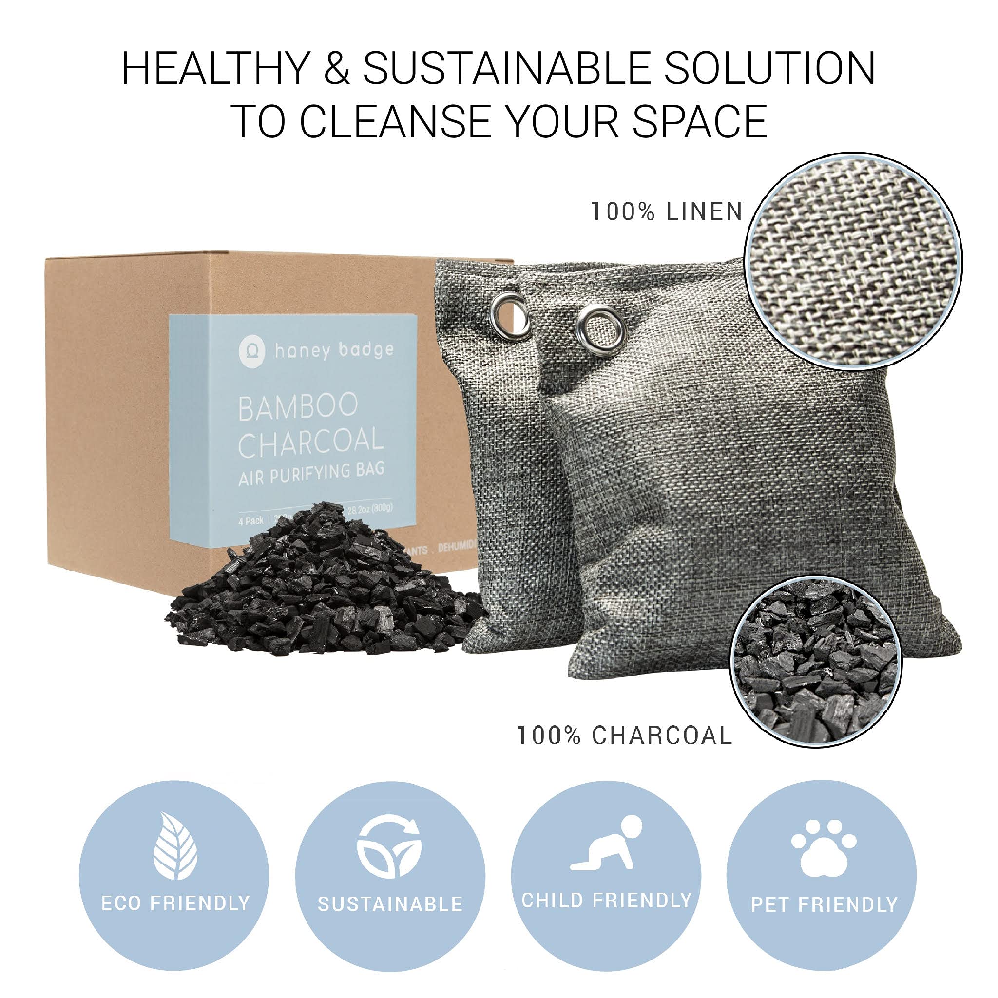 Charcoal Deodorizer Bags 4 Pack - Odor Absorber Charcoal Bamboo Bags for your Home (Pet Safe)