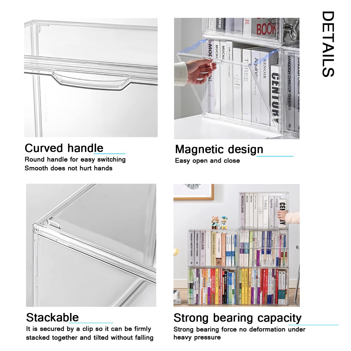 Fox Claw Clear Acrylic Bookcase, Book Organizer Box, Portable Book Containers with Magnetic Door, Stackable Display Case for Purses Handbags Dolls Toys Shoes(Clear, 14.17" ×10.63"×8.66")