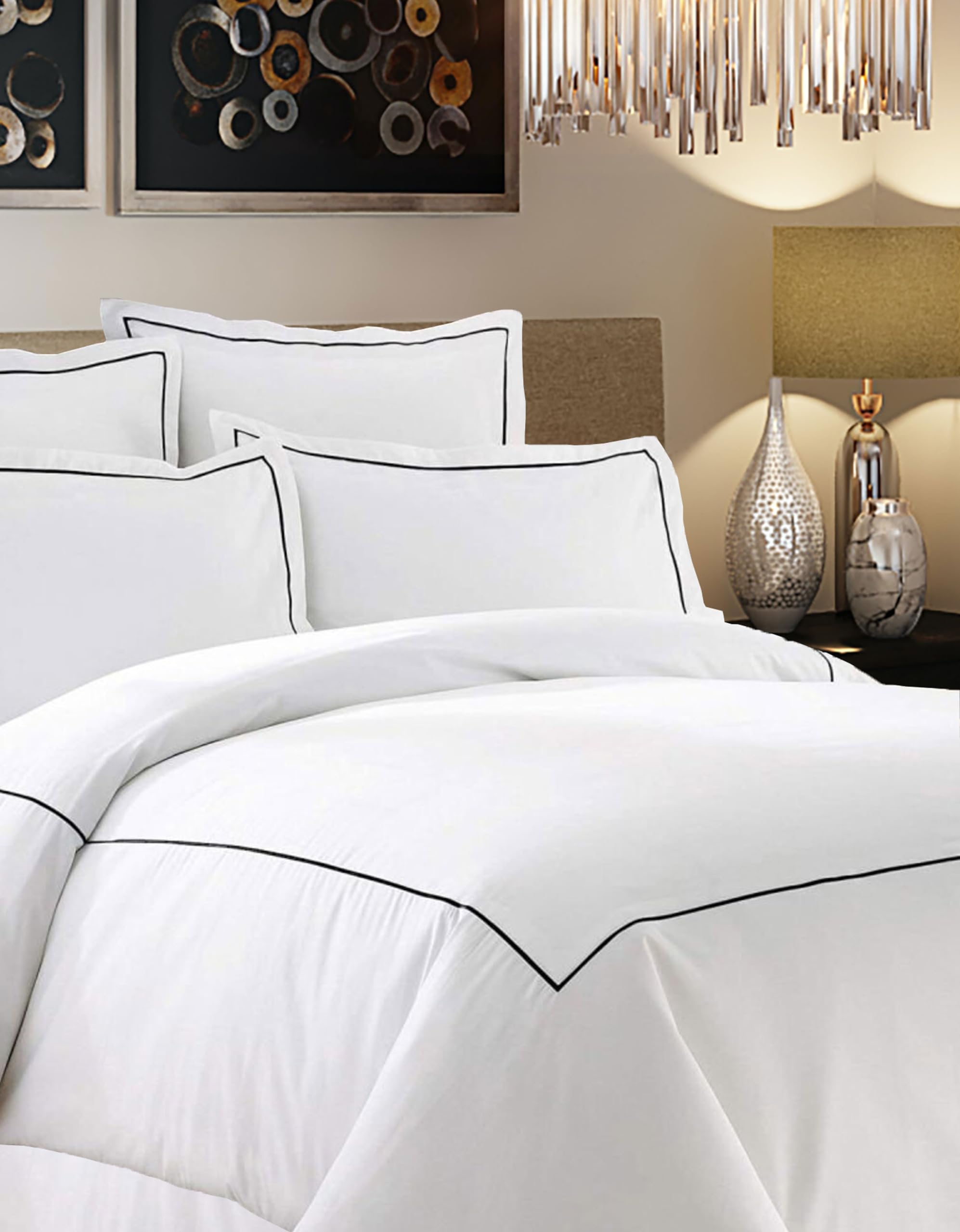 Truecomfort Linen 400 TC Cotton Sateen Hotel Stitch Duvet Cover Single Embroidery Border with Inside 4 Corner Ties for Closure & Zipper Closure on Placket - (Black, King/Cal King), DC_SE_400TC_09