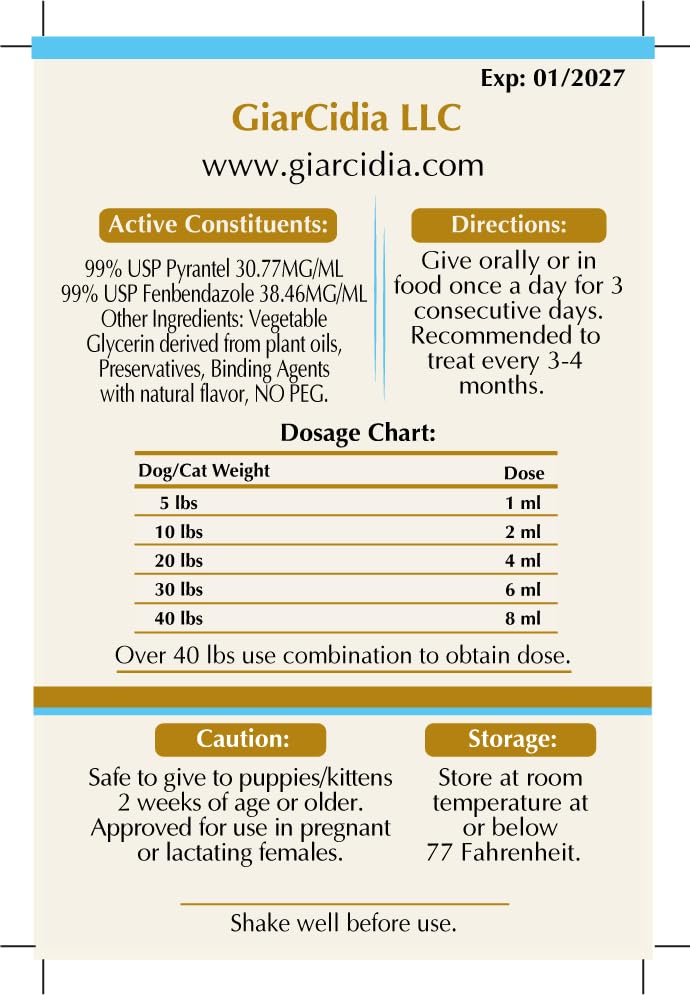 Giarcidia Say Goodbye to Tape Worm - Hook Worm - Pin Worm - Whip Worm - Round Worm - Lung Worm, Liquid, 4 oz - 3ml Dropper with Cap
