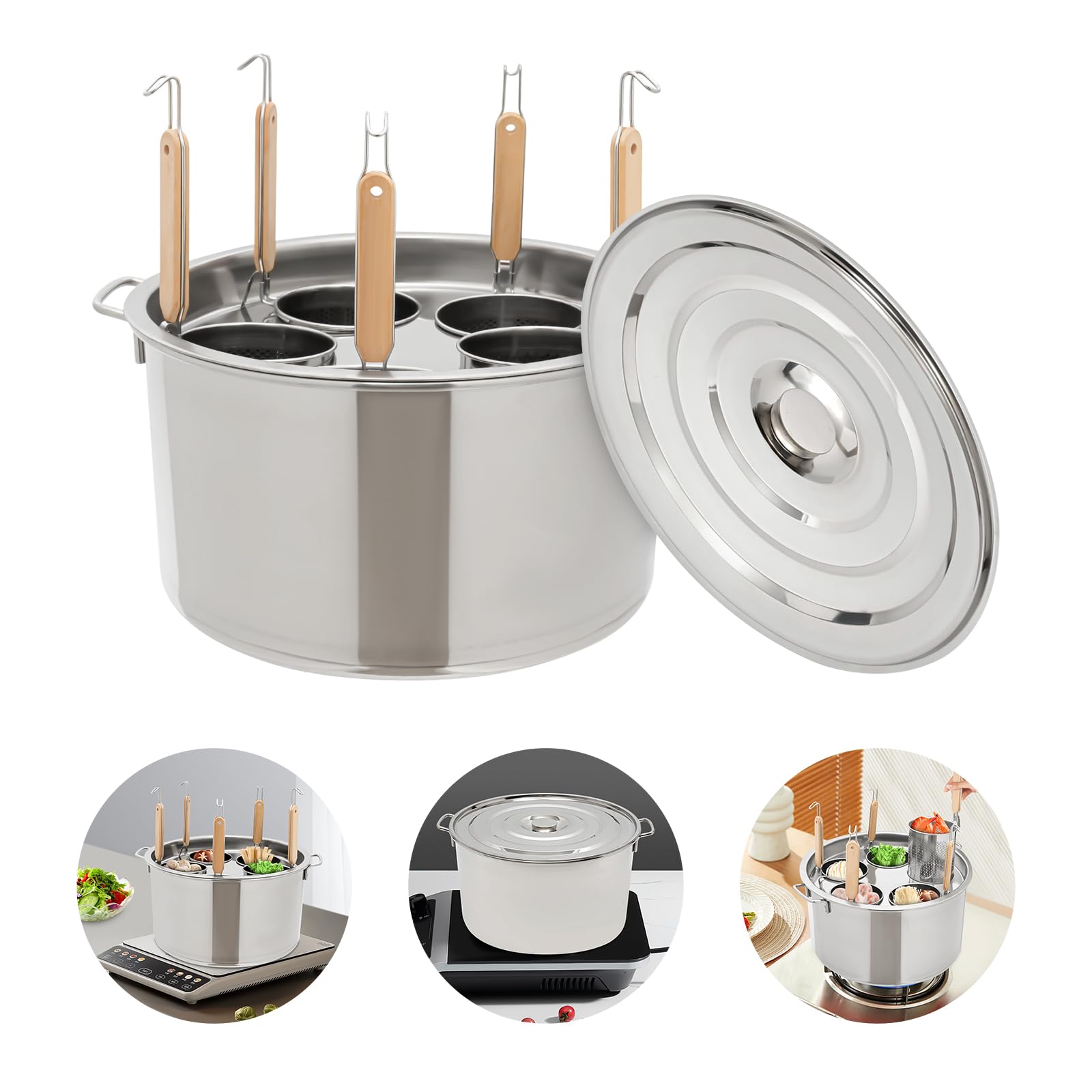 Guaopom 5-Hole Pasta Cooker Insert Set, Commercial Pasta Cooker Set, Stainless Steel Pasta Cooking Cookware with Divider and Colander Strainer for Home Kitchen Restaurant Commercial Cooking Tool