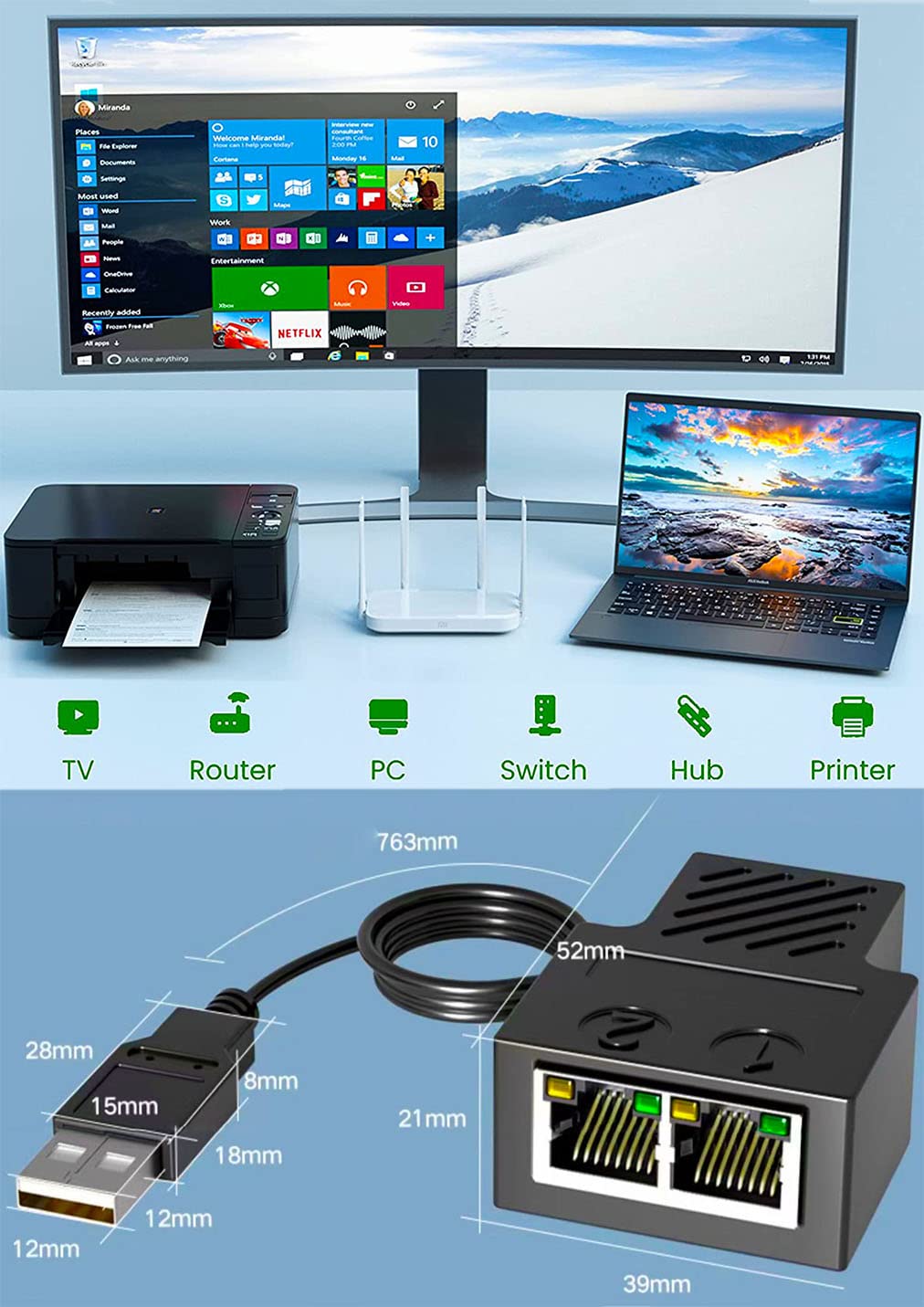 Ethernet Splitter 1 to 2 RJ45 Network Adapter [Internet at The Same Time], USB to Dual Female RJ45 Port with 1.2m USB Power Cable, for Cat 7/6/5/5e Network Cable, Compatible with Router,TV, Computer