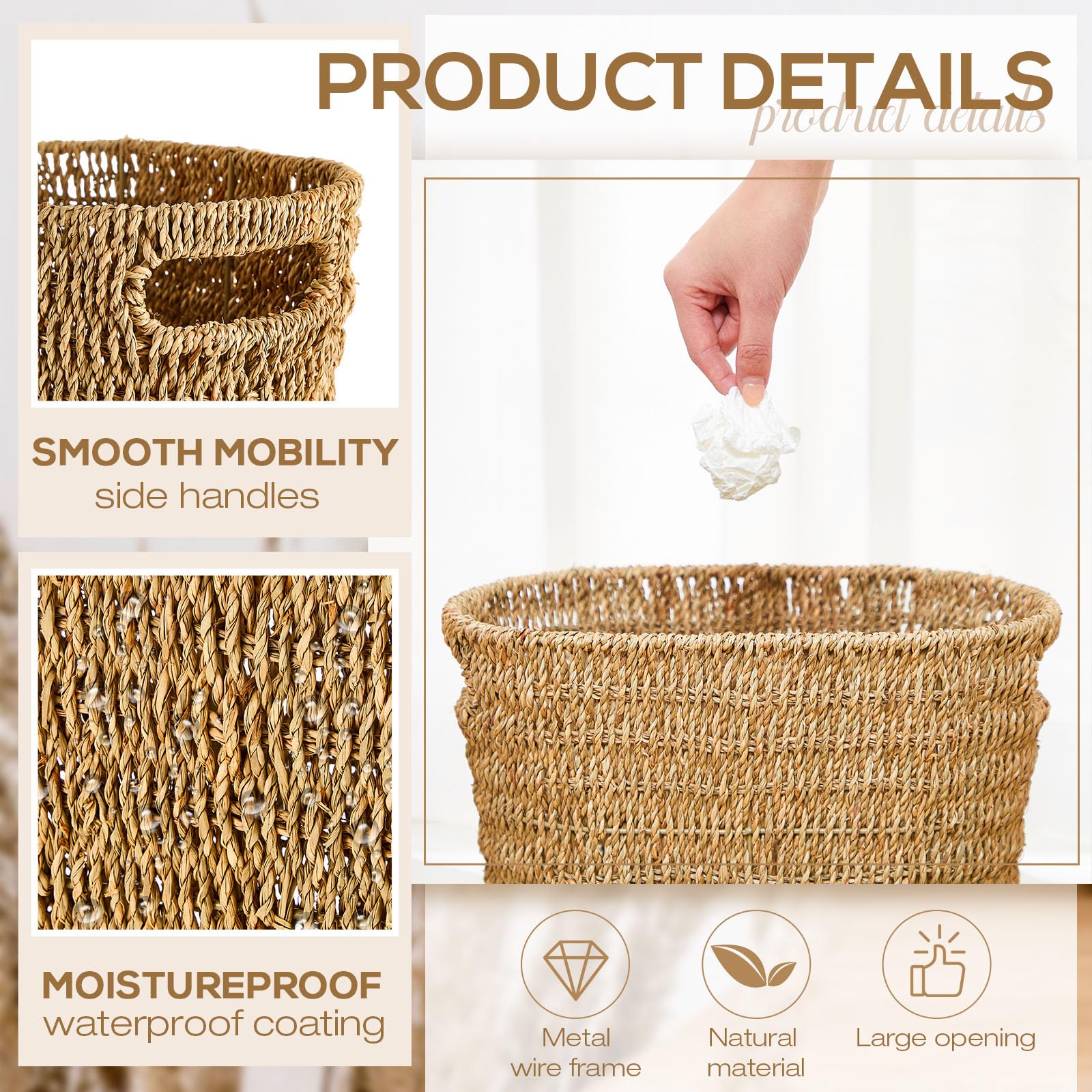 Hushee 2 Pcs Wicker Waste Basket Wicker Trash Basket with Built in Handles Boho Woven Trash Can Decorative Oval Trash Bin for Bedroom Essentials Bathroom Offices Home(Brown, Plastic Water Hyacinth)