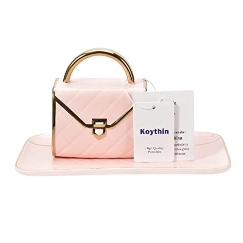 Koythin Ceramic Coffee Mug Saucer Set, Creative Cute Handbag Shaped Cup with Spoon and Saucer for Office and Home, 10 oz/300 ml for Tea Latte Milk (Peach Pink)
